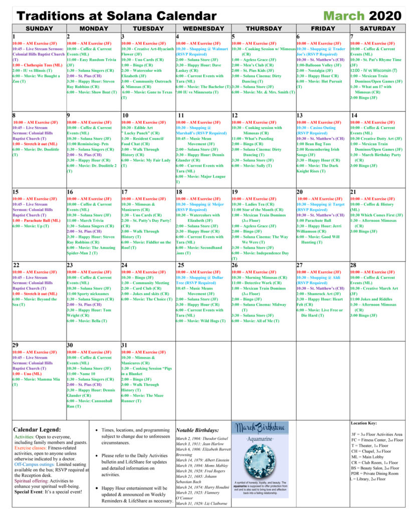 March 2020 Calendar & Activities | Traditions at Solana | Indianapolis, IN